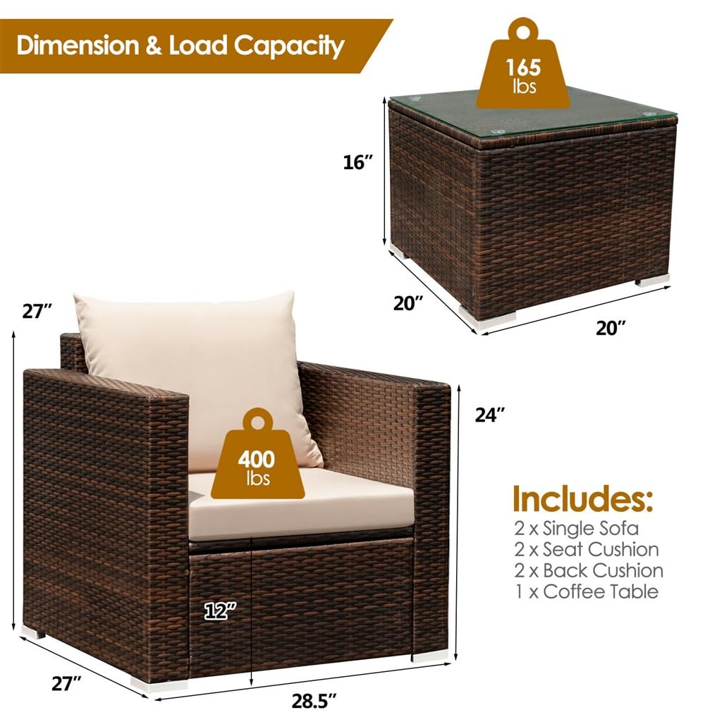 LIUJUN 3PCS Patio Rattan Furniture Set Conversation Wicker Sofa Set W/Cushion Garden