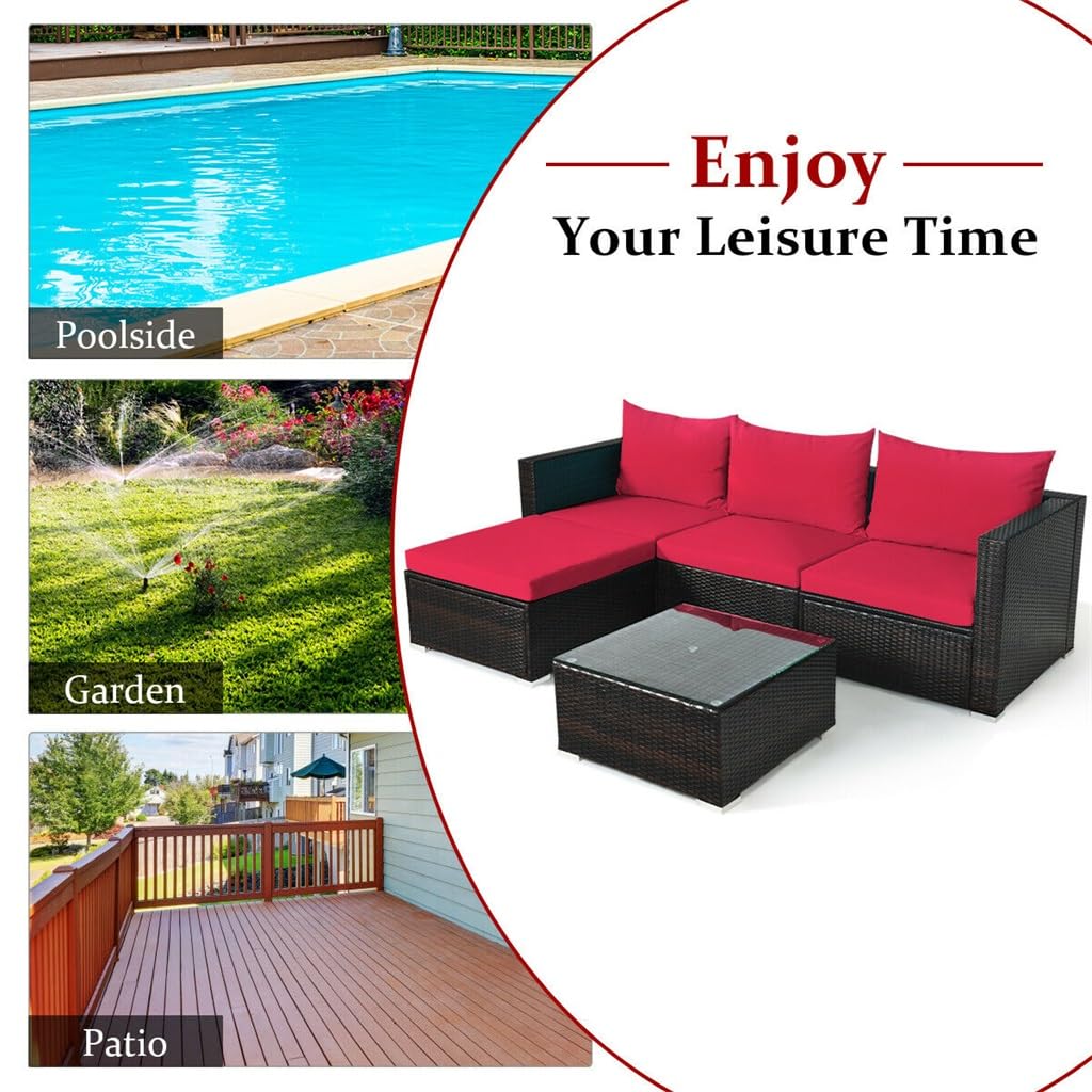 LIUJUN 5PCS Patio Rattan Furniture Set Sectional Conversation Sofa W/Coffee Table Red