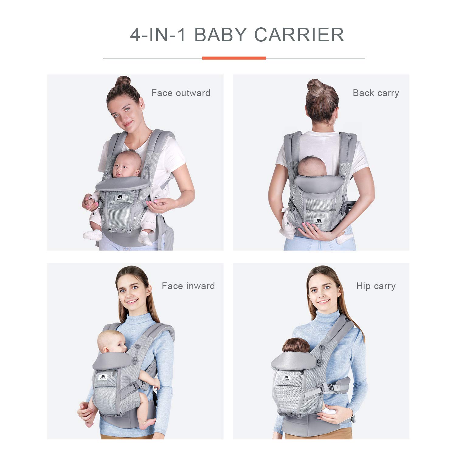 Meinkind Convertible Carrier, 4-in-1 Infant Carrier Ergonomic, Soft Breathable Comfortable Baby Carrier for 7~45lbs Infant, Front and Back Carrier with Head Support, Padded Shoulder Strap, Grey