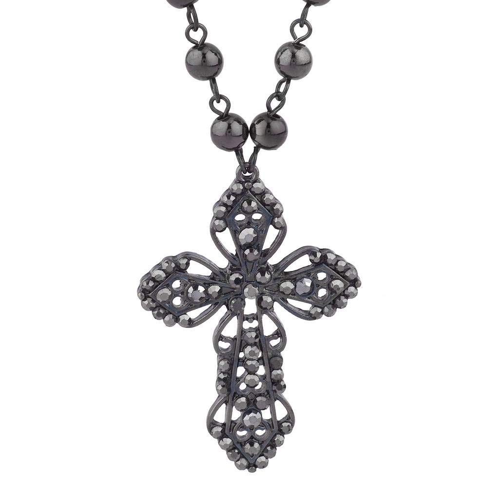 LUX ACCESSORIES Classic 80s Gothic Rosary Cross Beaded Pendant Necklace (HEM)