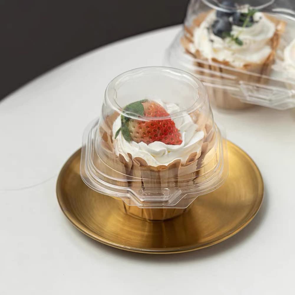 LOKQING 100 Pcs Cupcake Boxes Plastic Individual Cupcake Containers Single Cupcake Carrier with Connected Airtight Dome Lid for Party