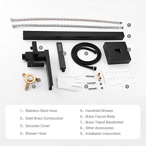 TapLong Freestanding Bathtub Faucet Tub Waterfall Filler Floor Mount Bathroom Faucets Brass Single Handle with Hand Shower High Flow Rate Max 6 GPM (Matte Black)