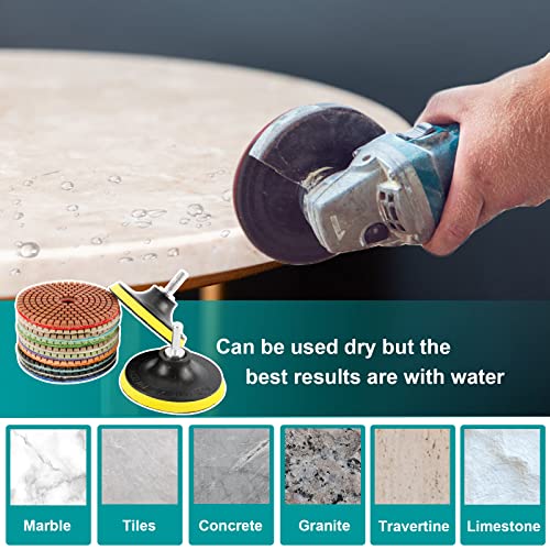Toolly 12 Pack 4 inch Diamond Polishing Pads Set Wet/Dry Polishing Kit 10pcs 50#-3000# Grit Pads with 2pcs Hook and Loop Backer Pads for Granite Stone Concrete Marble Floor Grinder or Polisher