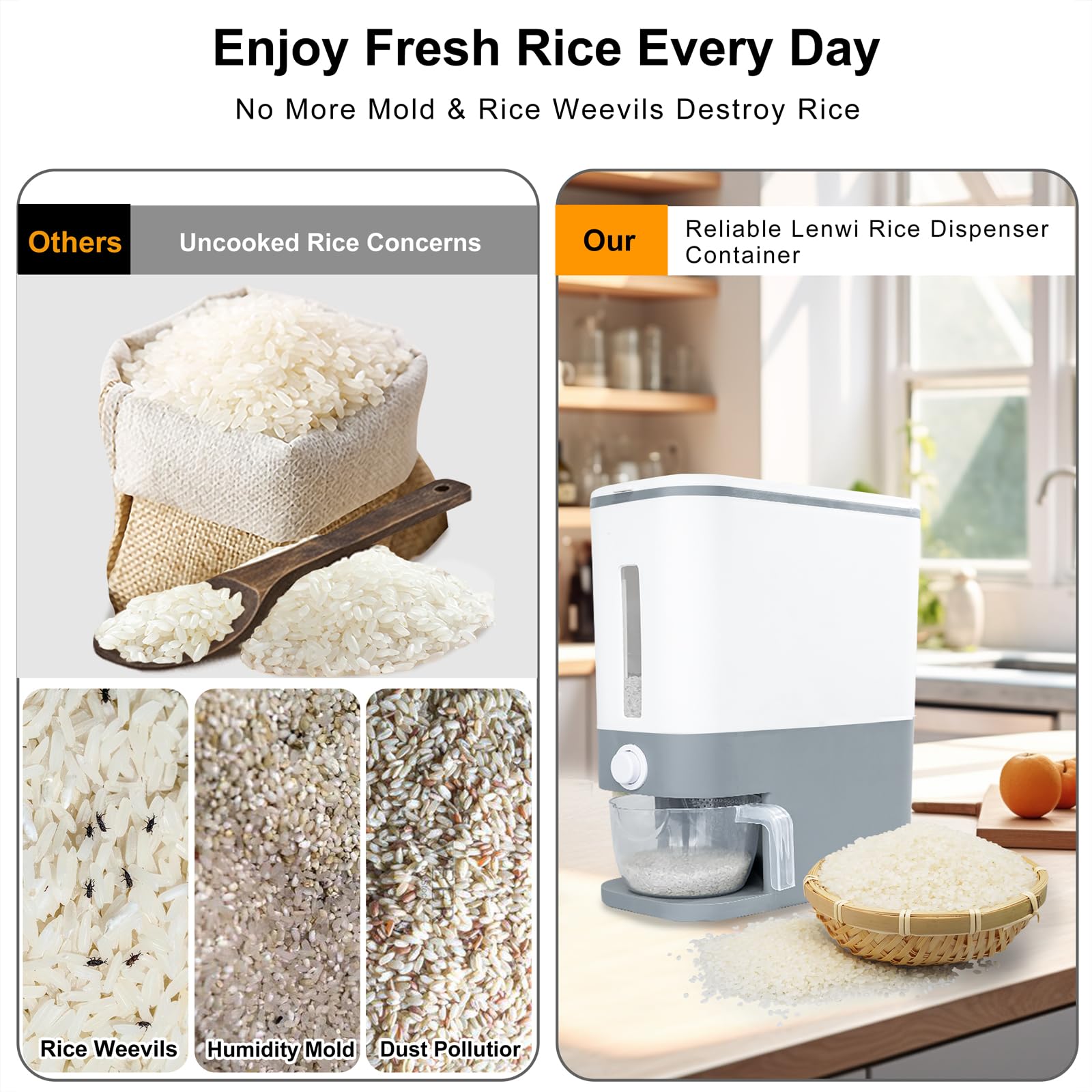 Rubtlamp 25 Lbs Gray Rice Dispenser, Rice Container with Lid, Rice Storage Container with Measuring Cup, Food Dispenser Rice Container, Storage Container for Cereal, Household Rice Bucket