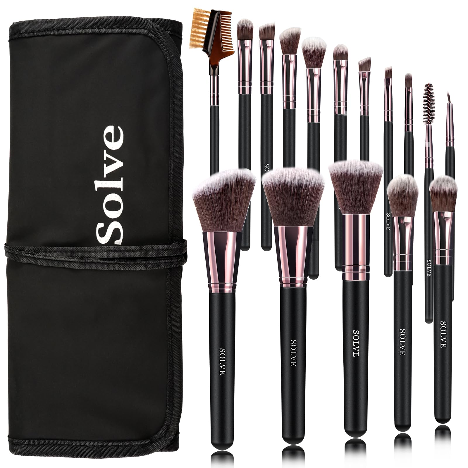 Makeup Brushes SOLVE Professional 16pcs Brushes Set with case,face makeup brushes set foundation eyeshadow brush set travel make up brushes with wooden Handle Softy synthetic fiber(𝑩𝒍𝒂𝒄𝒌 & 𝑹𝒐𝒔𝒆)