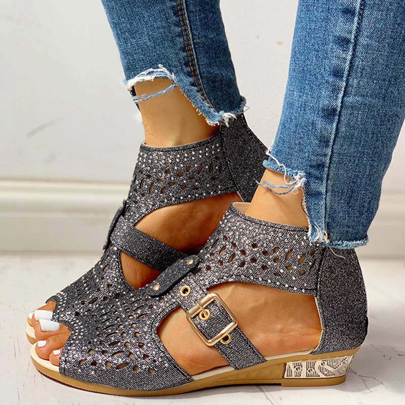 NOLDARES Sandals for Women Casual Summer Rhinestone Hollow Wedge Sandals Zipper Open Toe Platform Sandals