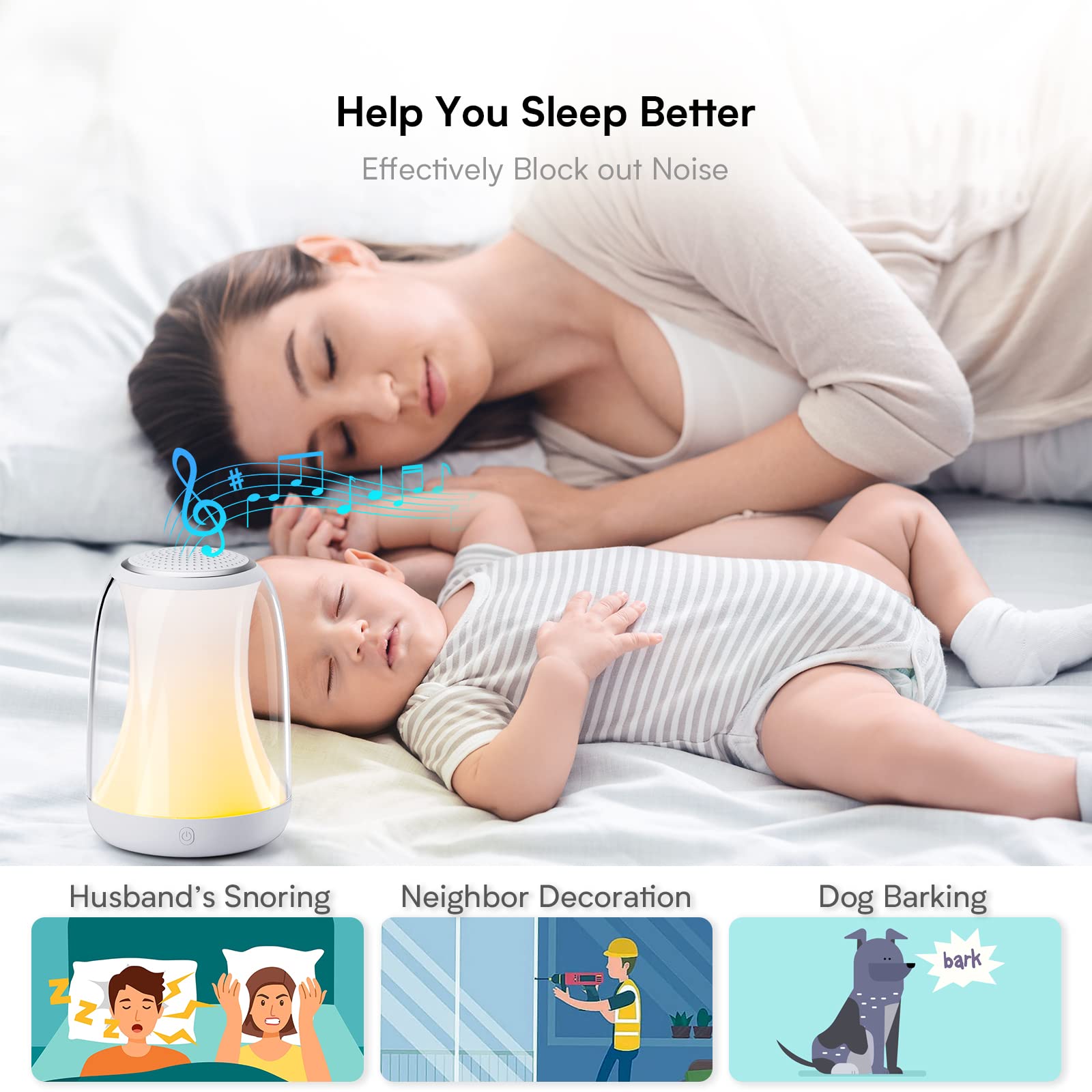 White Noise Machine, Sound Machine for Baby Adults Features Night Light, High-fidelity Soothing Sounds Therapy for Sleeping Aid, Customized Favorites, APP Remote Control, Timer, Schedule Sleep Routine