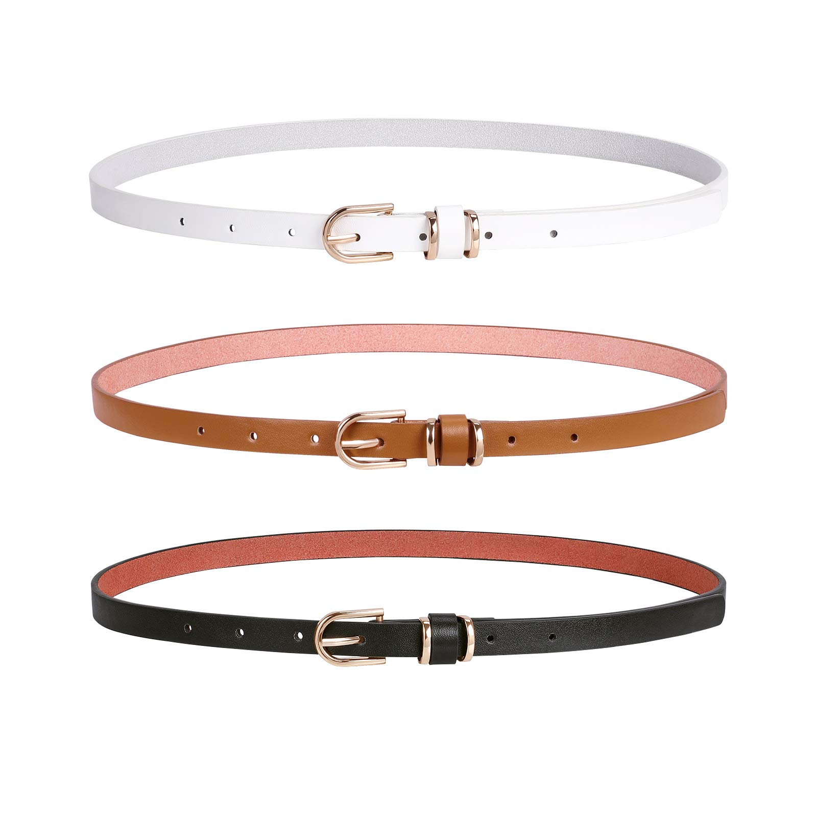 Ladies Skinny Thin PU Leather Dress Fit WaistBelt for Jeans with Gold Alloy Buckle(Black+Brown+White,Fit Waist Size 31-37 Inches)