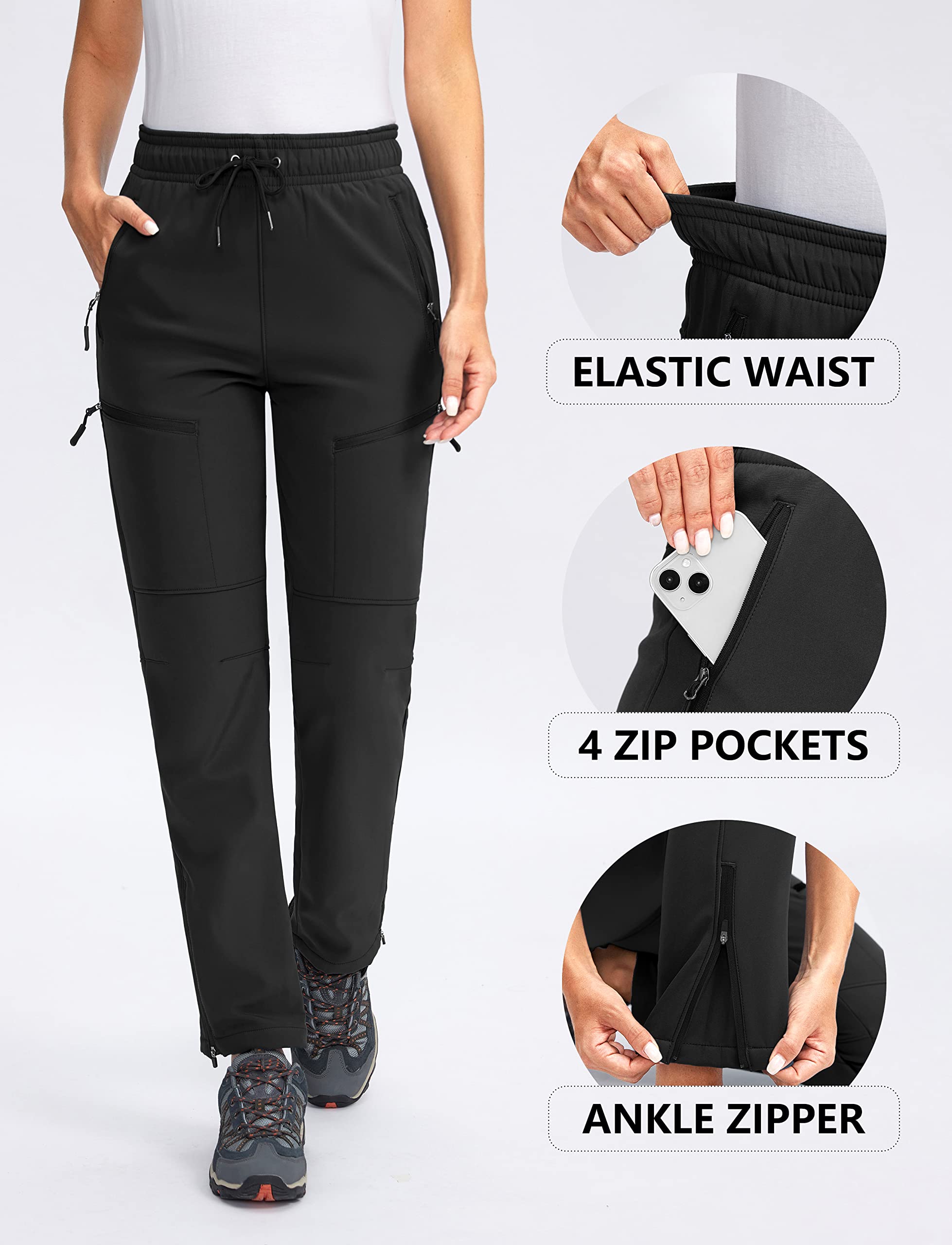 SANTINY Women's Fleece Lined Hiking Pants 4 Zipper Pockets Warm Winter Softshell Snow Ski Pants Waterproof Insulated (Black_XL)