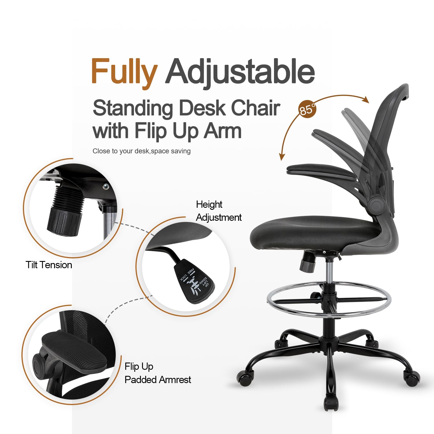 Okeysen Drafting Chair Tall Office Chair, Standing Desk Chair with 3.9’’ Thicken Cushion & Flip-Up Armrest, Drafting Stool with Adjustable Lumbar Support & Footrest Ring.