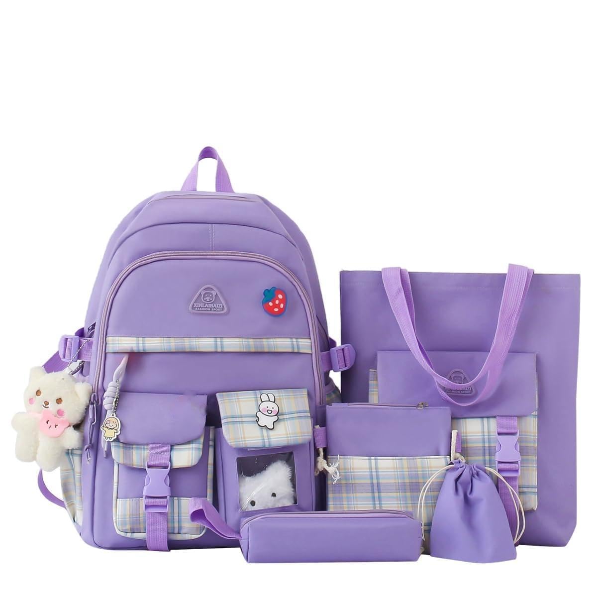 LsdgFriday Kawaii Backpack Set 5Pcs Canvas Plaid School Bag with Cute Pendants Pins Accessories for Teen Girls Aesthetic Backpack Shoulder Tote Bags Daypack for Back To School
