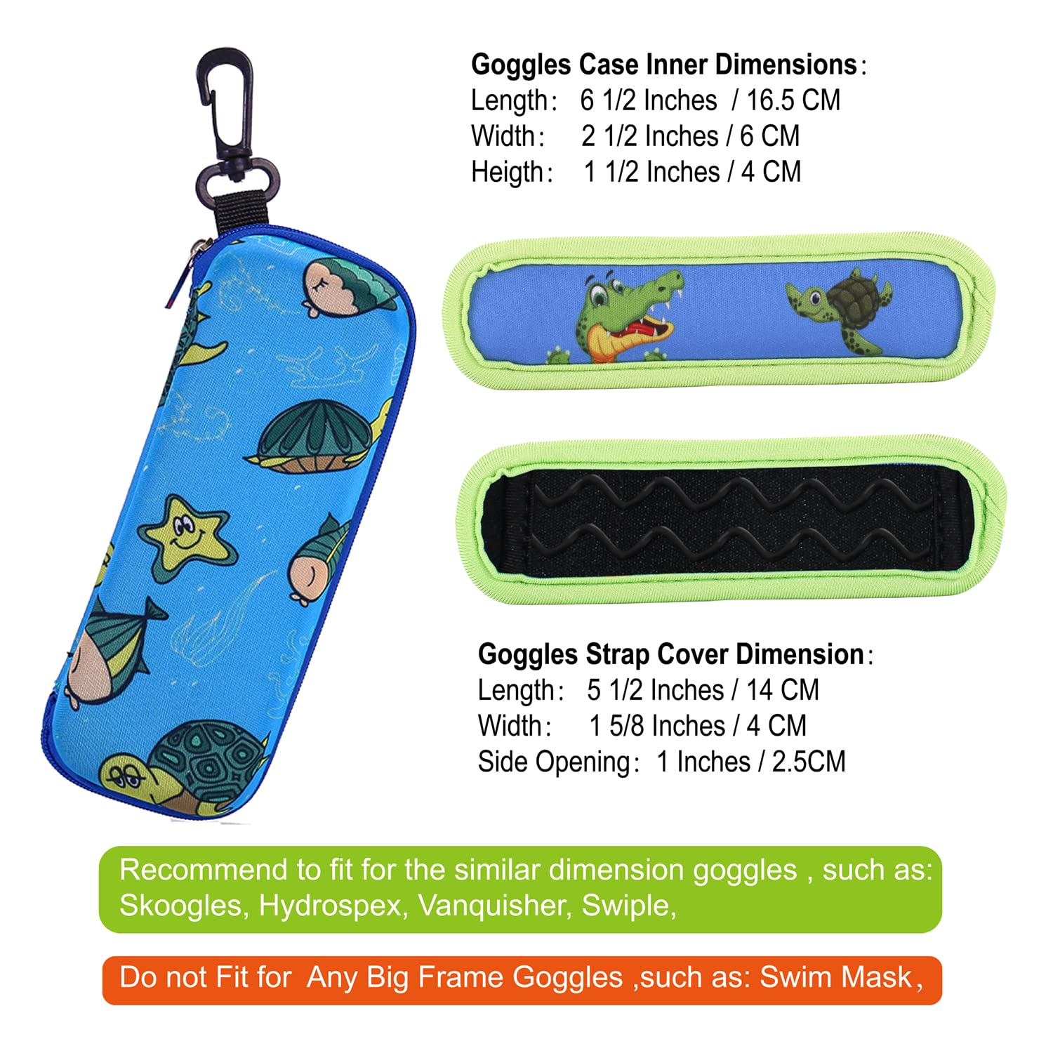 RUIGAO Swim Goggles Case/No Broken, Fabric Goggles Strap Cover/Head Band for Kids/Toddlers - Pain Free & Tangle Free (CS-Green Turtle)