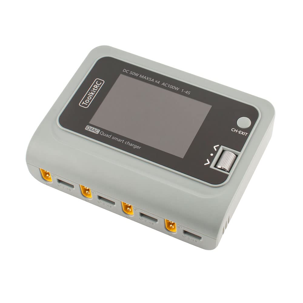 ToolkitRC Q4AC 4x50w 4 Ports XT60 Adapters AC DC Smart Charger IPS Bright and Clear Wide Angle Display US Plug