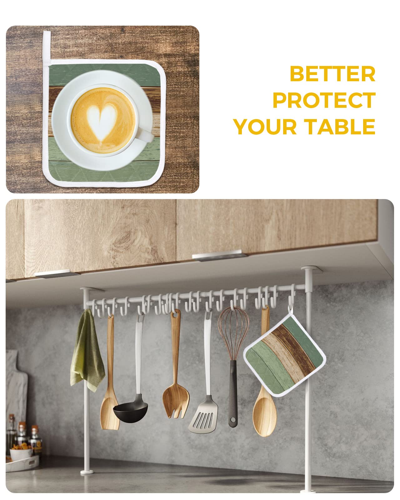 Pot Holders Set of 3 PCS Heat-Resistant Hot Pads Mats with Hanging Loop, Imitation Wood Grain Vintage Sage Green Washable Potholder for Cooking Baking Kitchen, 8.26"x8.26"
