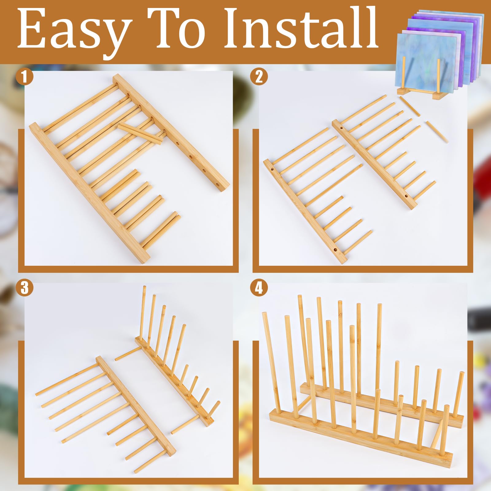 Youdaju 3Pack Stained Glass Organizer Bamboo Dish Plate Rack Wooden Dish Plate Stand Stained Glass Holder Space Saving Bamboo Drying Rack Baby Bottle Drying Rack, 8 Slots Organizer