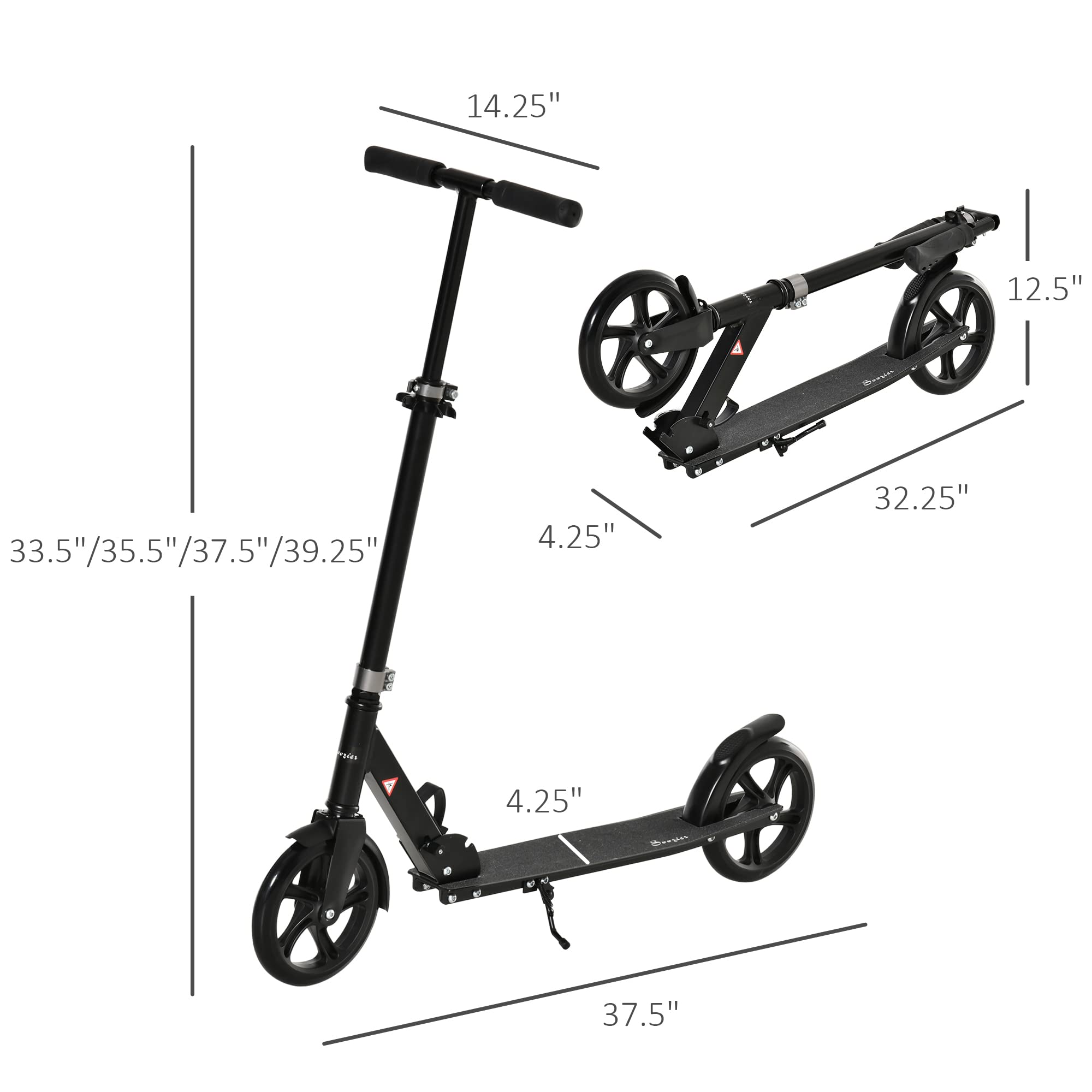 Soozier Kick Scooter for 12 Years and Up, Folding Scooter with 3-Level Height Adjustable Handlebar, Big Wheels and Rear Wheel Brake, Black