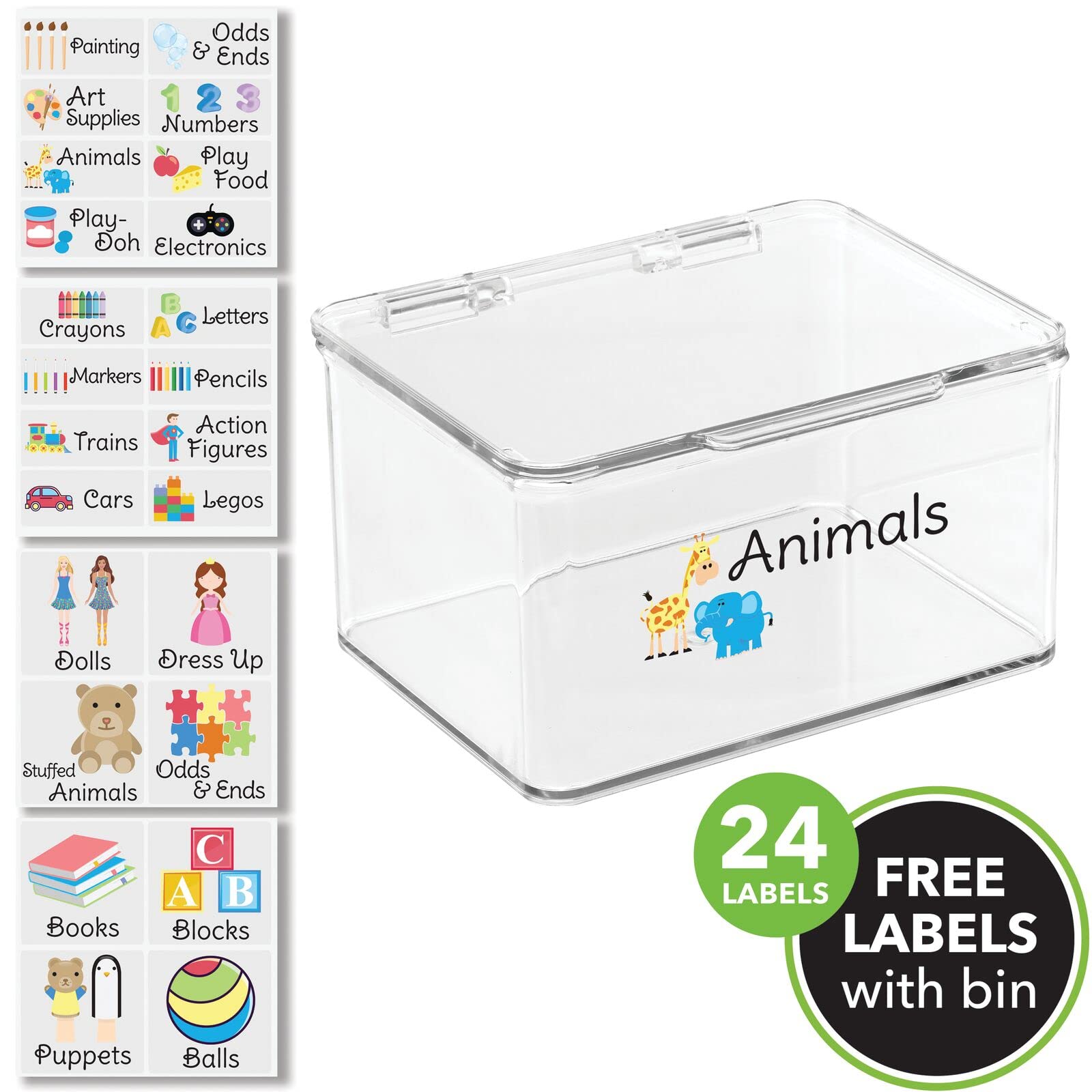 mDesign Plastic Stackable Storage Organizer Toy Box with Hinged Lid for Action Figures, Crayons, Markers, Building Blocks, Puzzles, Craft or School Supplies - Includes 32 Labels - Clear