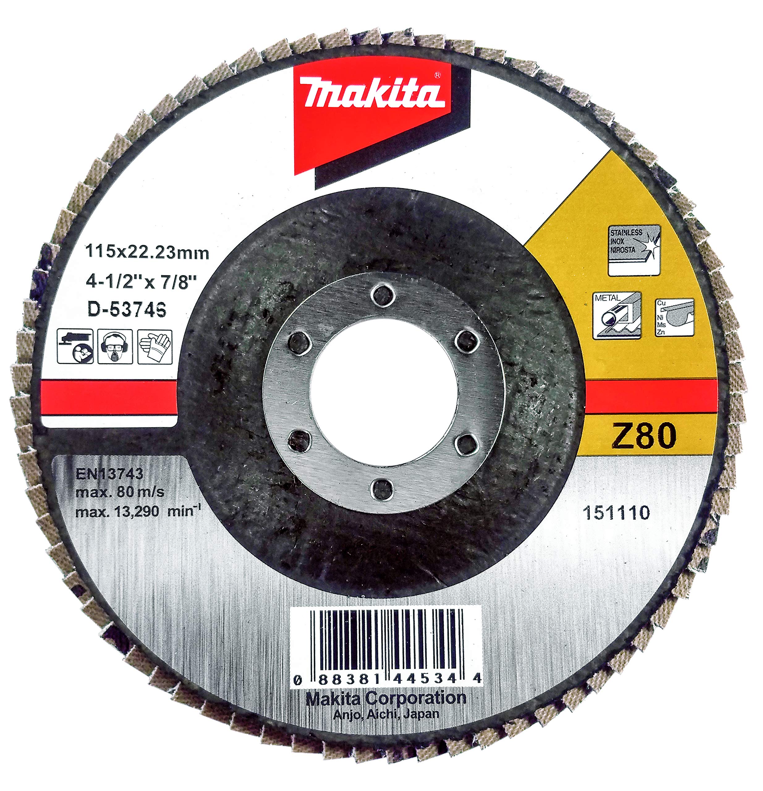 Makita® 5 Pack - 80 Grit Flap Disc For Grinders - Balanced Conditioning For Metal, Stainless Steel & Non-Ferrous - 4-1/2" x 7/8-Inch | Z80 Angled