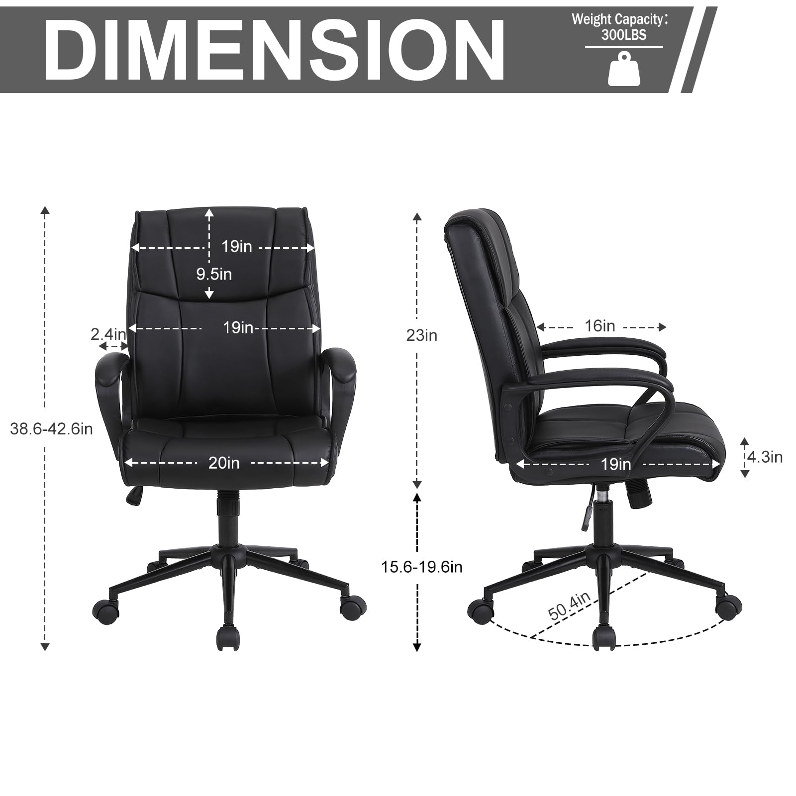 Nusetx Executive Office Chair, High Back Home Office Desk Chair, Swivel PU Leather Computer Chair with Padded Arms, Adjustable Height and Lumbar Support, Black