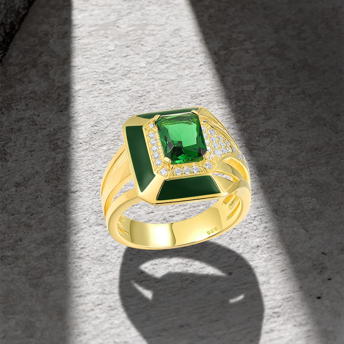 Santuzza 925 Sterling Silver Emerald Cut Green Glass Solitaire Rings Gold Plated White CZ Black Enamel Ring for Women (6)
