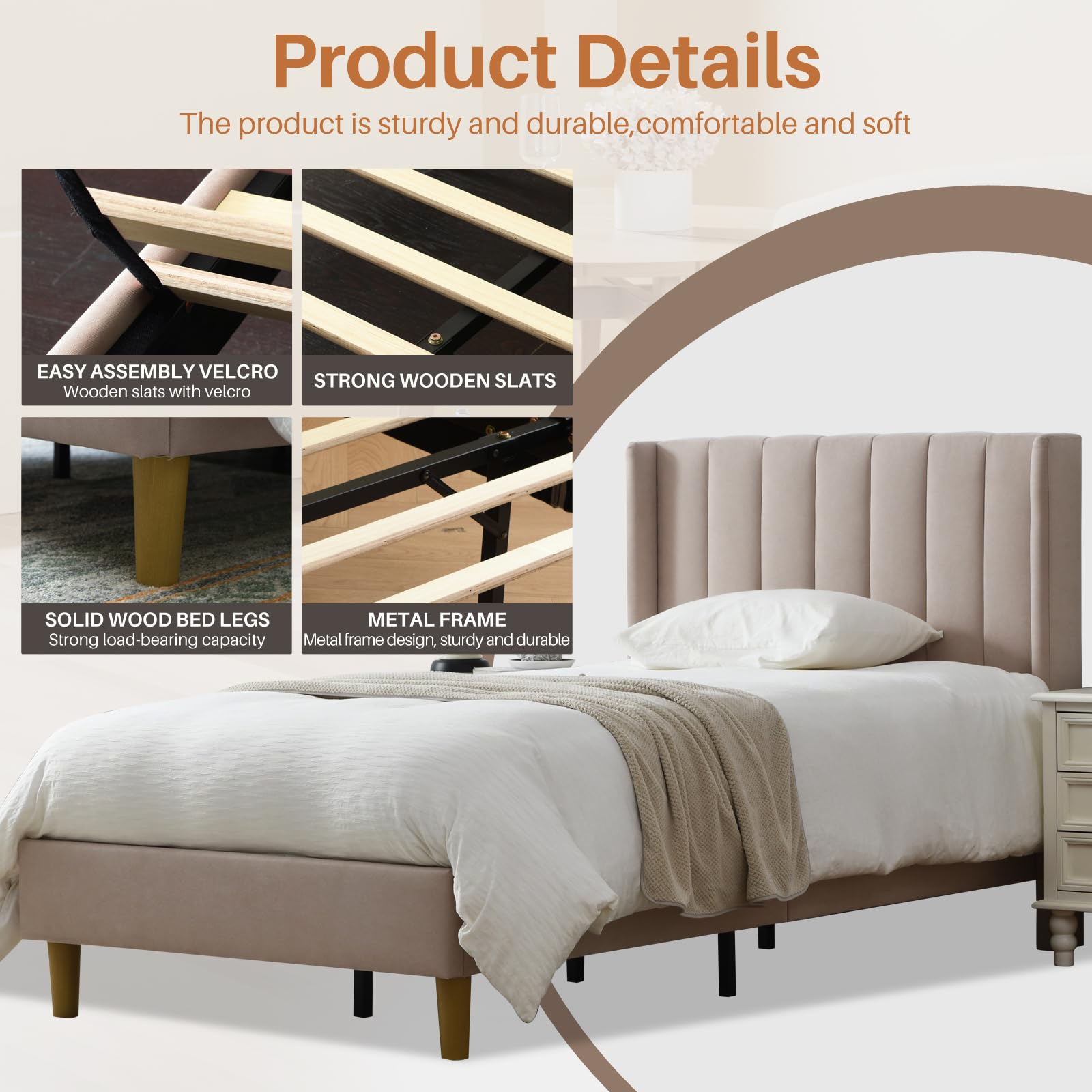 YUHUASHI Twin Size Bed Frame, Upholstered Bed Frame with Modern Geometric Wingback Headboard, Velour Fabric, Platform Bed Frame with Wooden Slats, Easy to Assemble and Noiseless (White, Twin)
