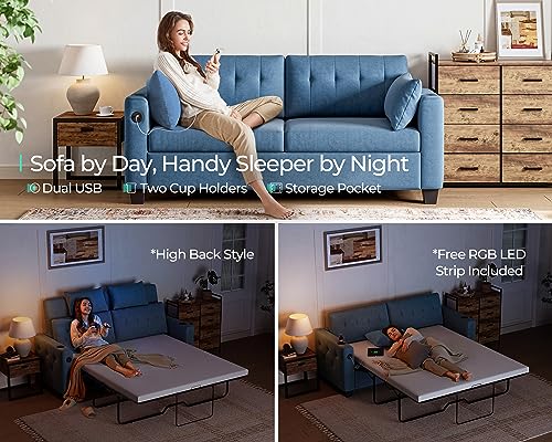 LINSY HOME Pull Out Sofa Bed, Queen Sleeper Sofa Couch with Memory Foam Mattress and Solid Wood Bed Frame, Covers Removable and Washable, Pullout Couch for Home Office, Blue, Queen Size