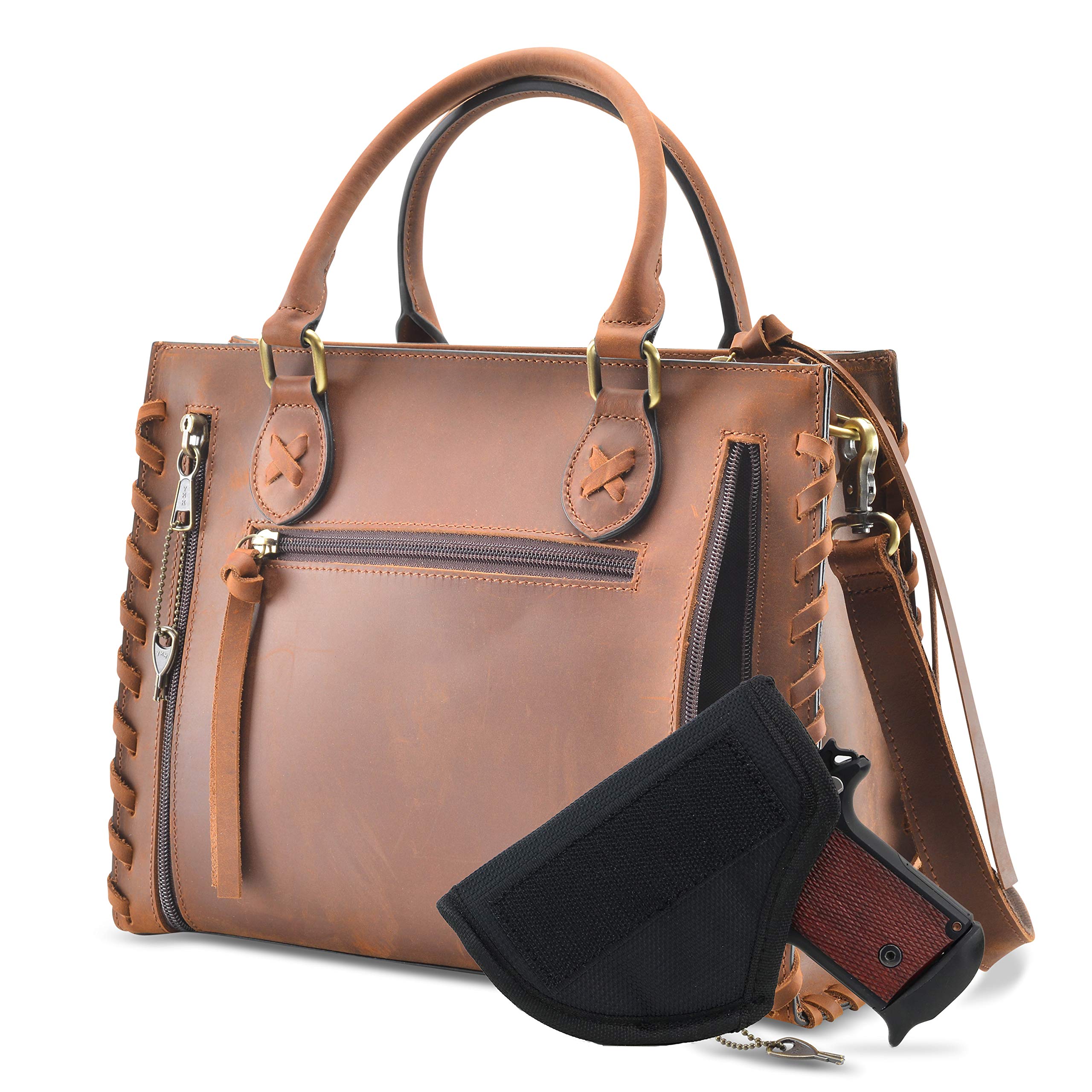 Lady Conceal Concealed Carry Emma Satchel - Womens Shoulder Bag & Crossbody Purse with Removable Gun Holster-Distressed Brown