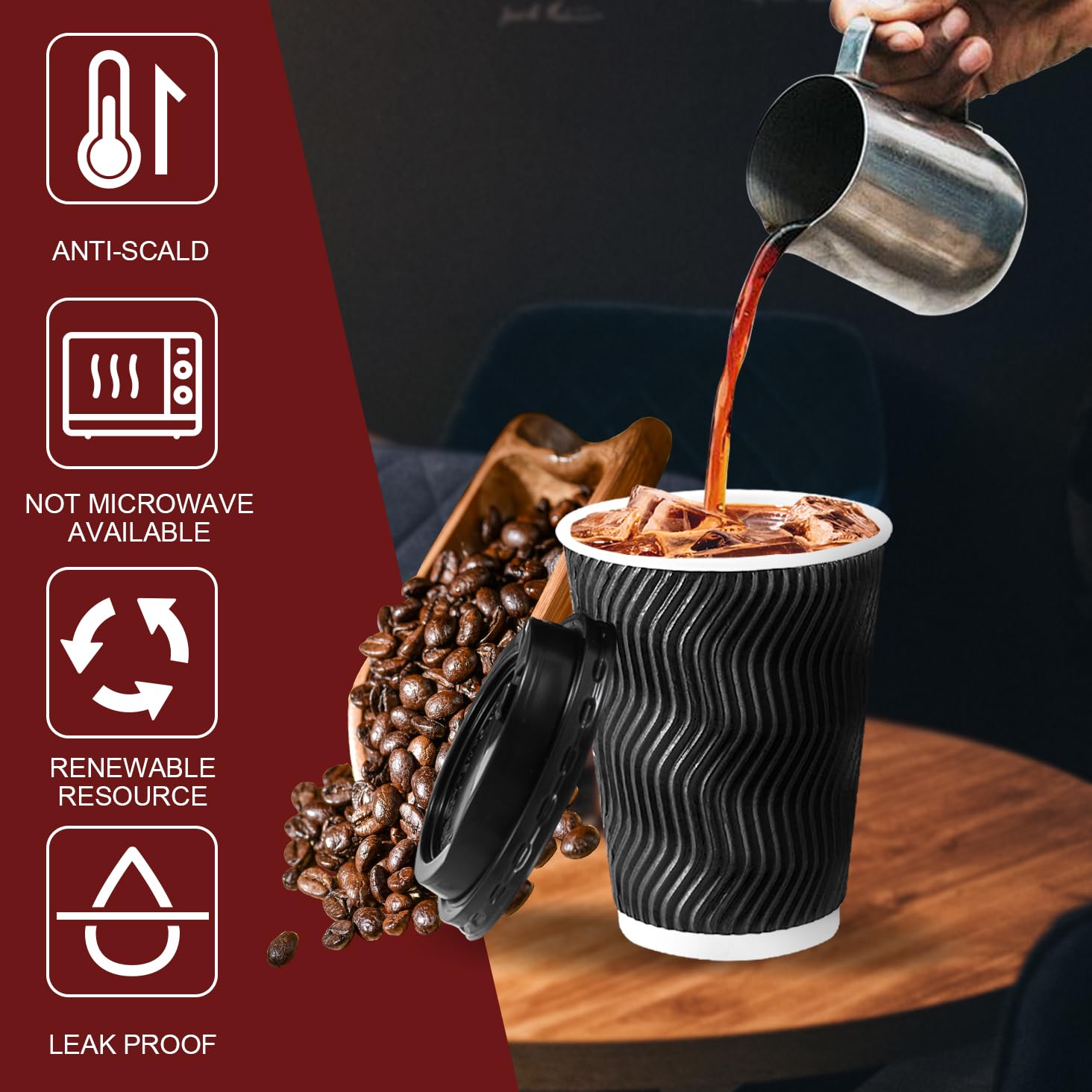 Lamosi To go Coffee Cups with Lids, Disposable Coffee Cups 12 oz, Paper Cups 12 oz, Hot Cups with Lids, Throw Away Coffee Cups with Lids for Party and Reception (Black, 12OZ, 60 Pack)