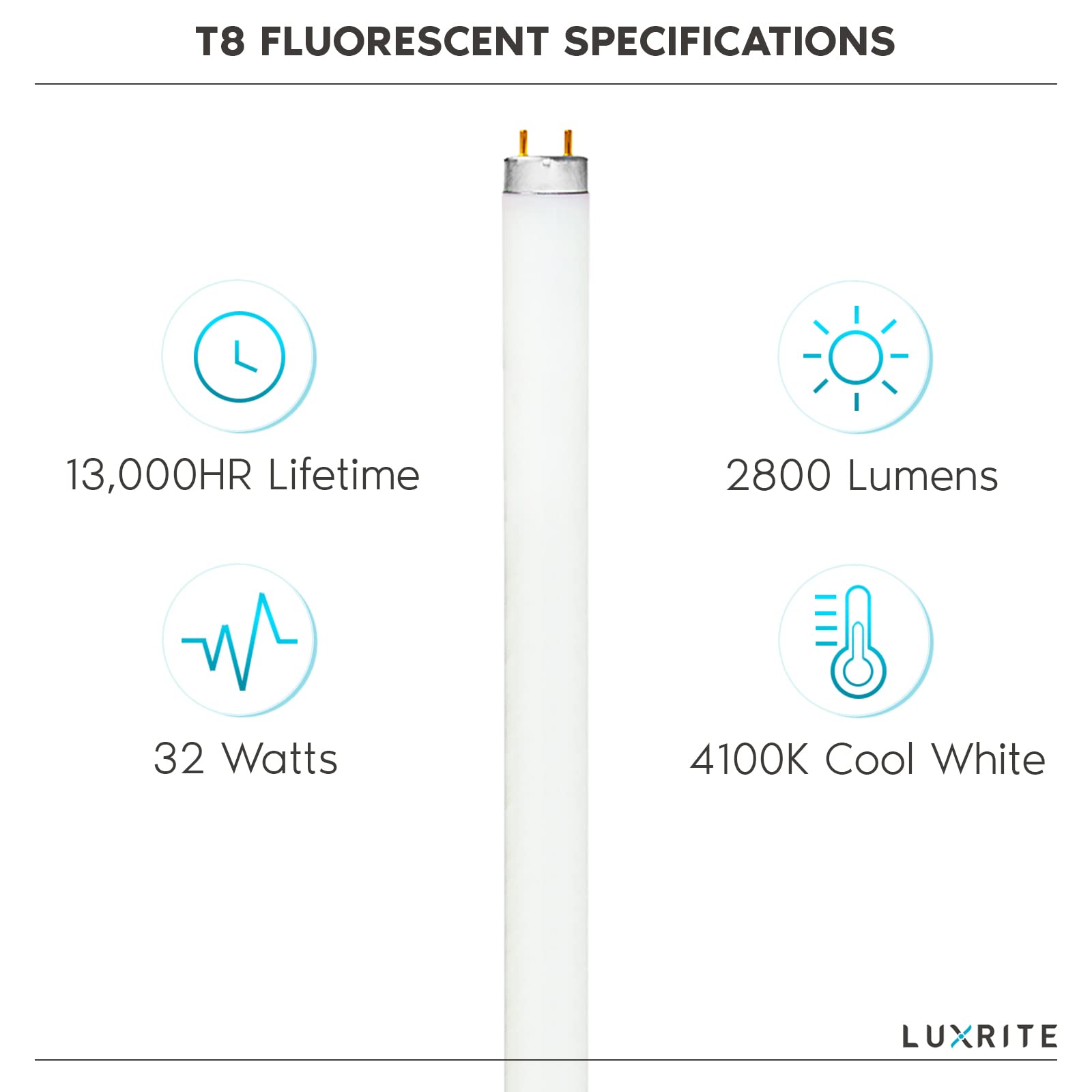 LUXRITE F32T8/841 32W 48 Inch T8 Fluorescent Tube Light Bulb, 4100K Cool White, 2800 Lumens, G13 Medium Bi-Pin Base, LR20732, 4-Pack
