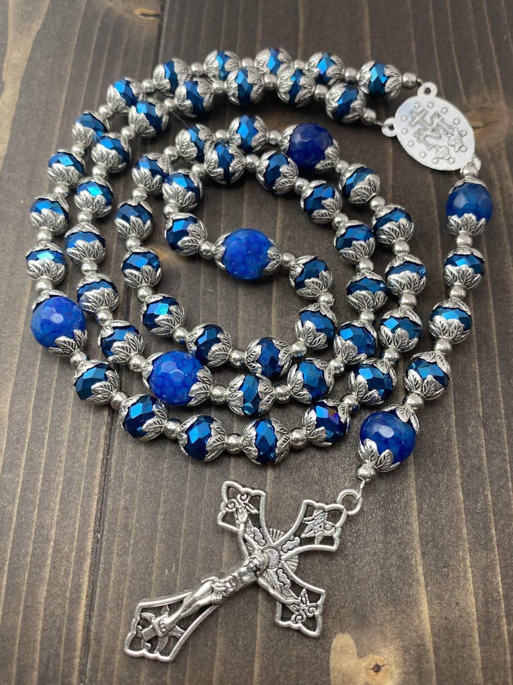Nazareth Store Deep Blue Crystal Beads Rosary Blue Agate Glory Stone Beaded Necklace Miraculous Medal & Cross Crucifix Religious Rosaries Collection