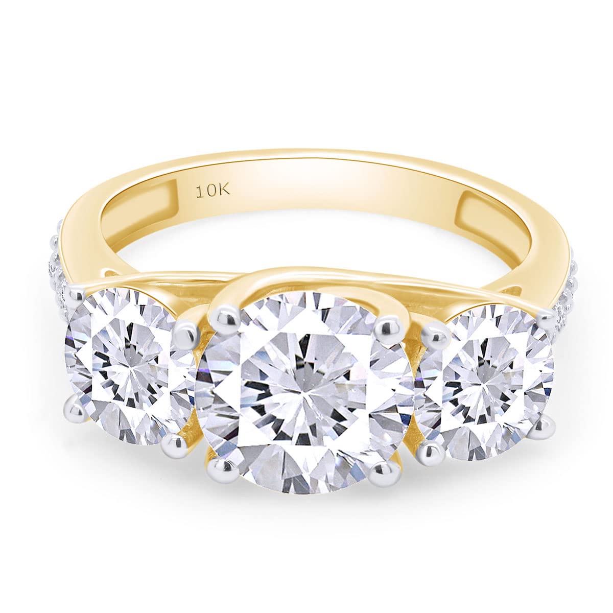 SAVEARTH DIAMONDS Three Stone Design, 3.40 Cttw Center 8MM Round Cut Lab Created Moissanite With Accents Engagement Ring In 10K Solid Yellow Gold (VVS1 Clarity) Size-6.5