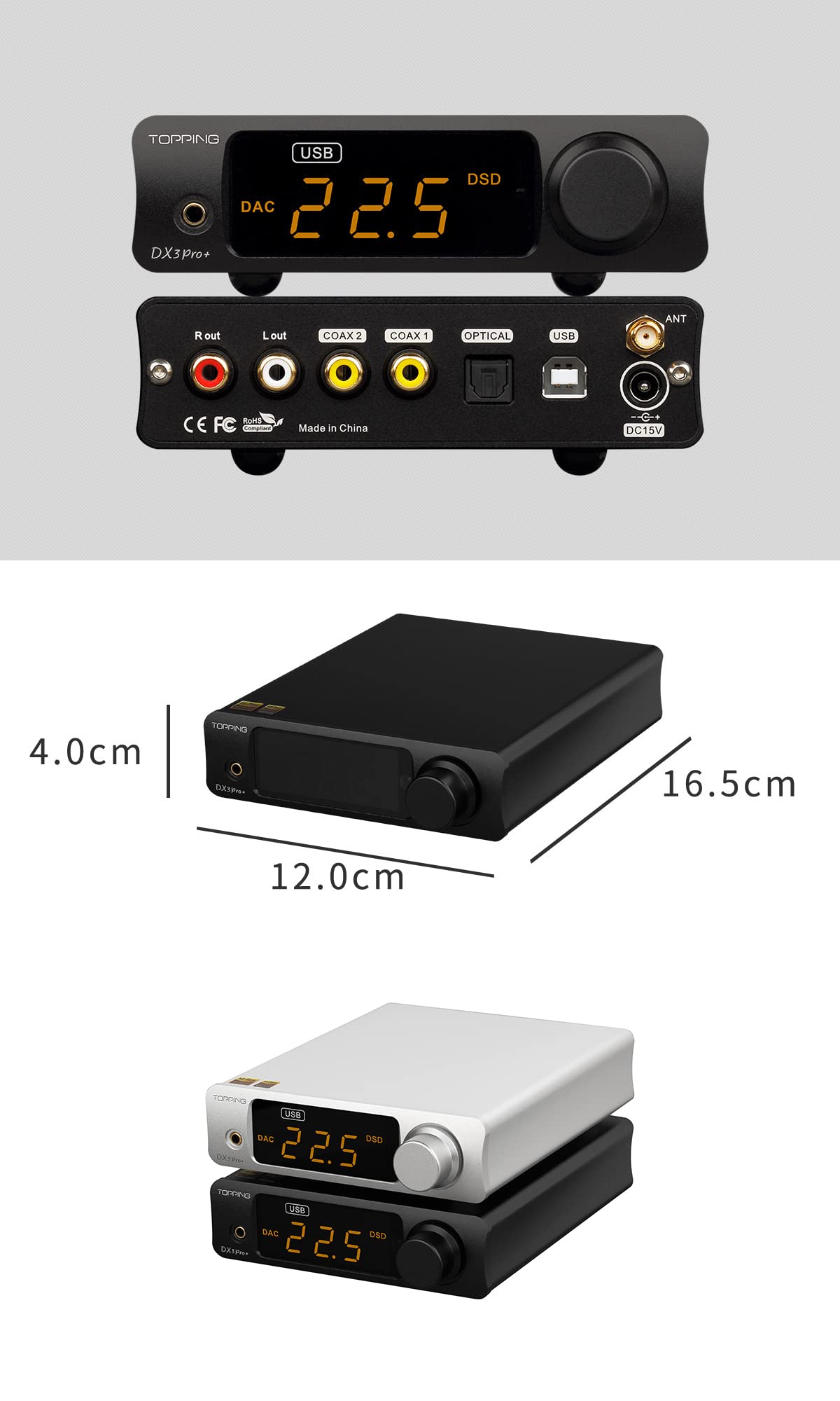 Topping DX3pro+ LDAC Headphone Amplifier - ES9038Q2M XU208 NFCA Bluetooth5.0 Audio Decoder USB/Opt/Coax DAC AMP Pre Amplifier with Remote Control (Sliver)