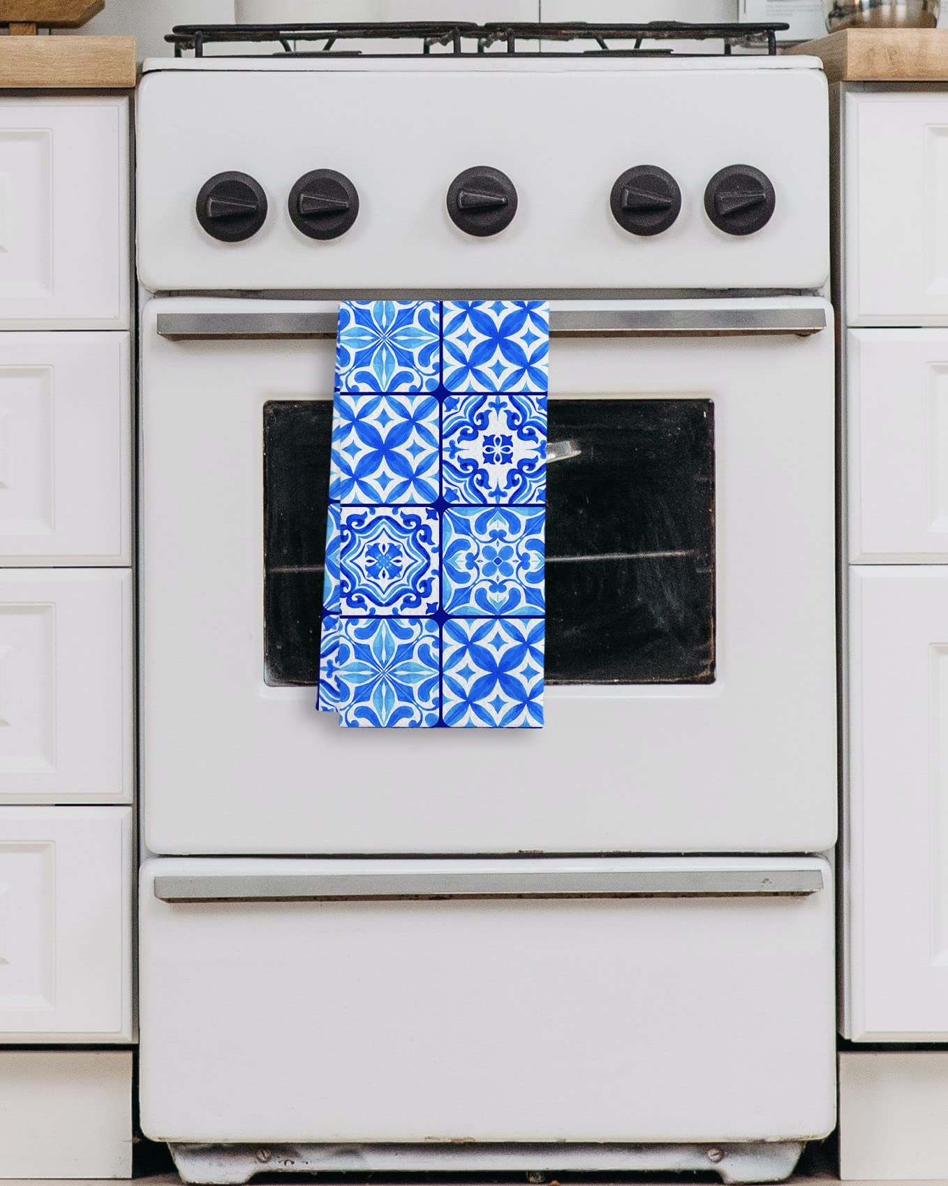 QIYUHOY Abstract Bohemian Navy Blue Moroccan Tile Kitchen Towels or Tea Towels, 16 X 24 Inches Cotton Modern Dish Towels Dishcloths, Dish Cloth Flour Sack Hand Towel for Farmhouse Kitchen Decor