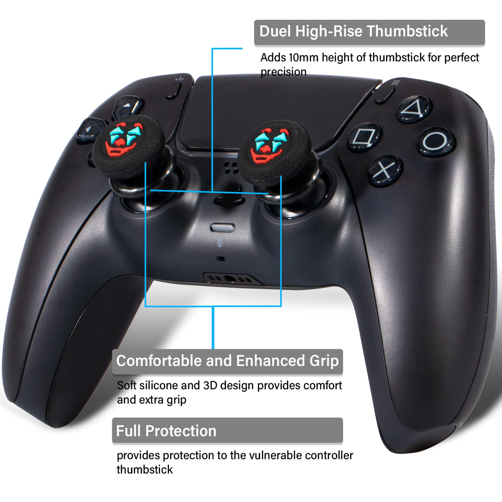 Playrealm FPS Thumbstick Extender & Texture Rubber Silicone Grip Cover 4 Sets for PS5 & PS4 Controller (Joker Green+Black)