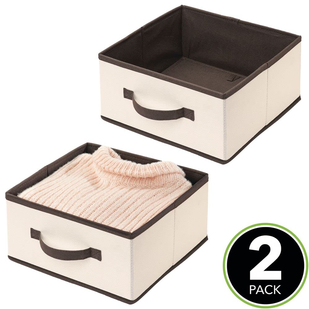 mDesign Soft Fabric Closet Organizer Box with Front Pull Handle for Shelves in Bedroom, Bathroom, Home Office - Holds Clothing, Linens, Accessories - Jane Collection - 2 Pack - Cream/Espresso