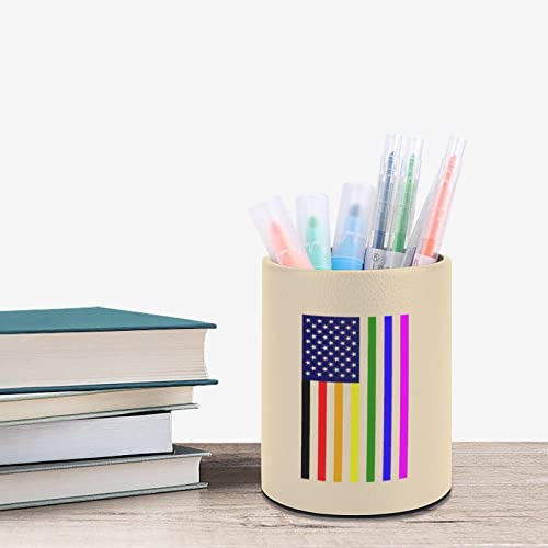 LGBT Gay Pride Flag Pen Holder PU Leather Pencil Cup Cute Desk Organizer Makeup Brush Box for Home Office