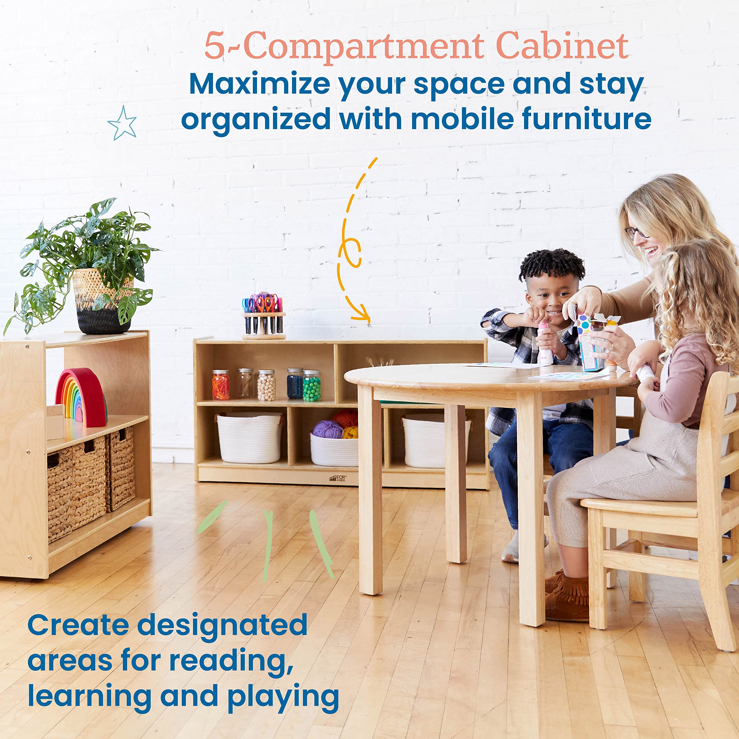 Sprogs Heavy Duty Childrens Standard 52" L Stackable Daycare Cots & ECR4Kids 5-Compartment Mobile Storage Cabinet, 24in, Classroom Furniture, Natural