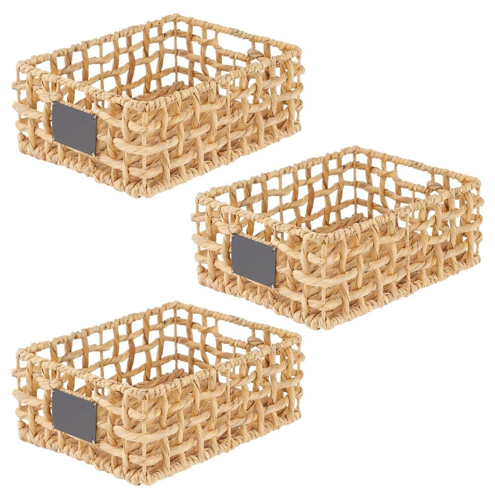 mDesign Water Hyacinth Open Weave Household Basket with Built-in Chalkboard Label for Storage in Bedroom, Bathroom, Office - Hold Clothes, Blankets, Linens, Accessories, 3 Pack - White Wash