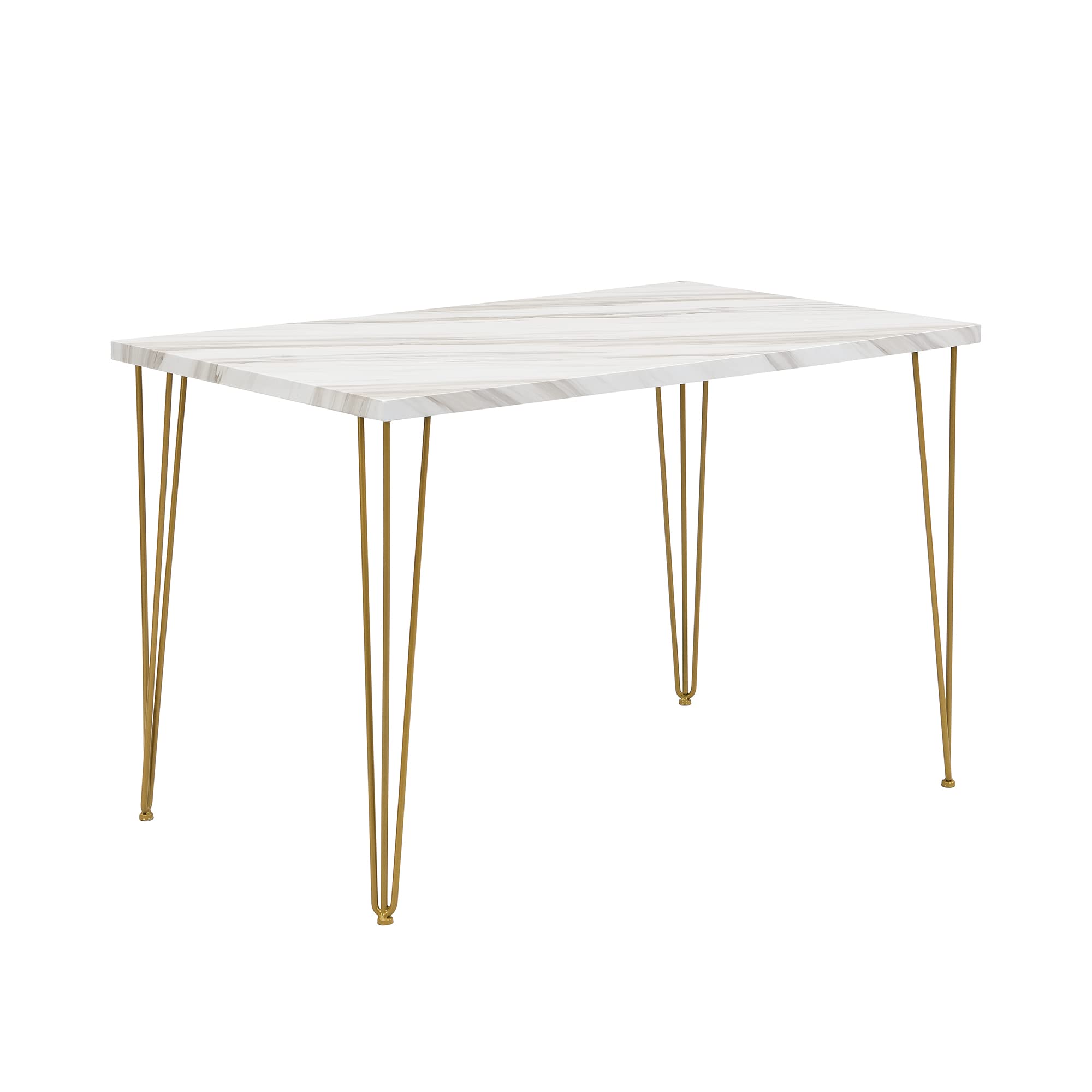 LIADTOP, 3-Piece Kitchen Sets,Rustic Farmhouse Faux Marble Dining 2, Thick Table/Bench Top with Iron Frame for 4,White+Gold