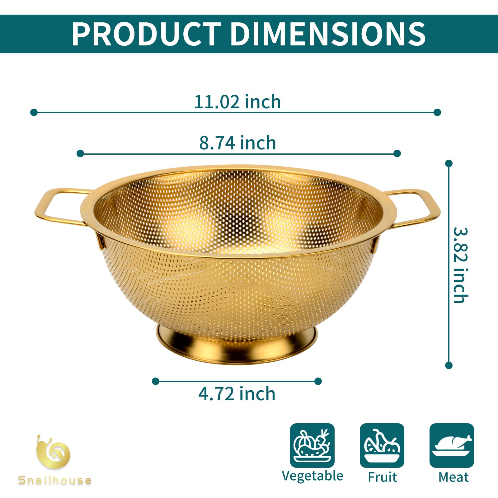 Snailhouse Colander, 3 Quart Stainless Steel Pasta Rice Food Metal Strainer with Handles and Self-draining Base for Kitchen, Gold