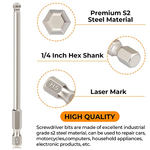 Tonsiki 9PCS Ball End Hex Head Allen Wrench Drill Bit Set, Metric S2 Steel Hex Bits Set, 1/4" Hex Shank Magnetic Screwdriver Bit Set for Assembling Furniture, 4'' Long - 1.5/2/2.5/3/4/5/6/8/10mm