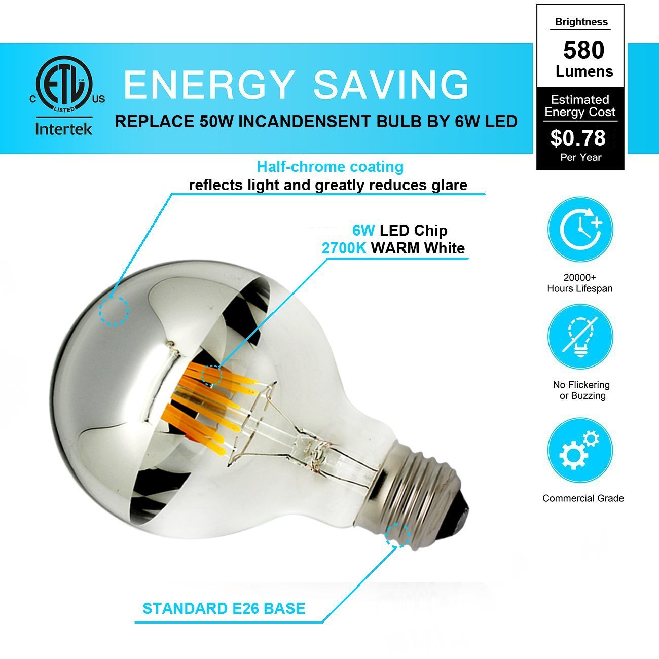 LUXON Half Chrome Light Dimmable,LED Filament Vintage Bulb with Mirror 6W (60W Equivalent) G80/G25 E26 Medium Base Warm White 2700K, 2 Pack
