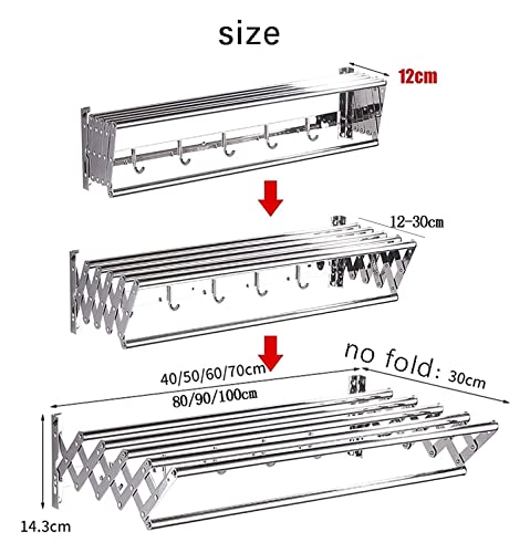 XMCX Retractable Wall Mounted Drying Rack Clothes Drying Rack Laundry Hanger with Hooks Foldable Clothes Dry Rack Space Saving Retractable Rack Easy Storage (Size : 60cm)