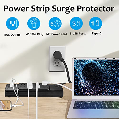 Surge Protector Power Strip 6 ft Flat Plug Power Strip, Multiple Plug Outlet, Outlet with 8 Sockets 4 USBInterface, 1875W, 2700 Joules, Black,Desktop Power Strip