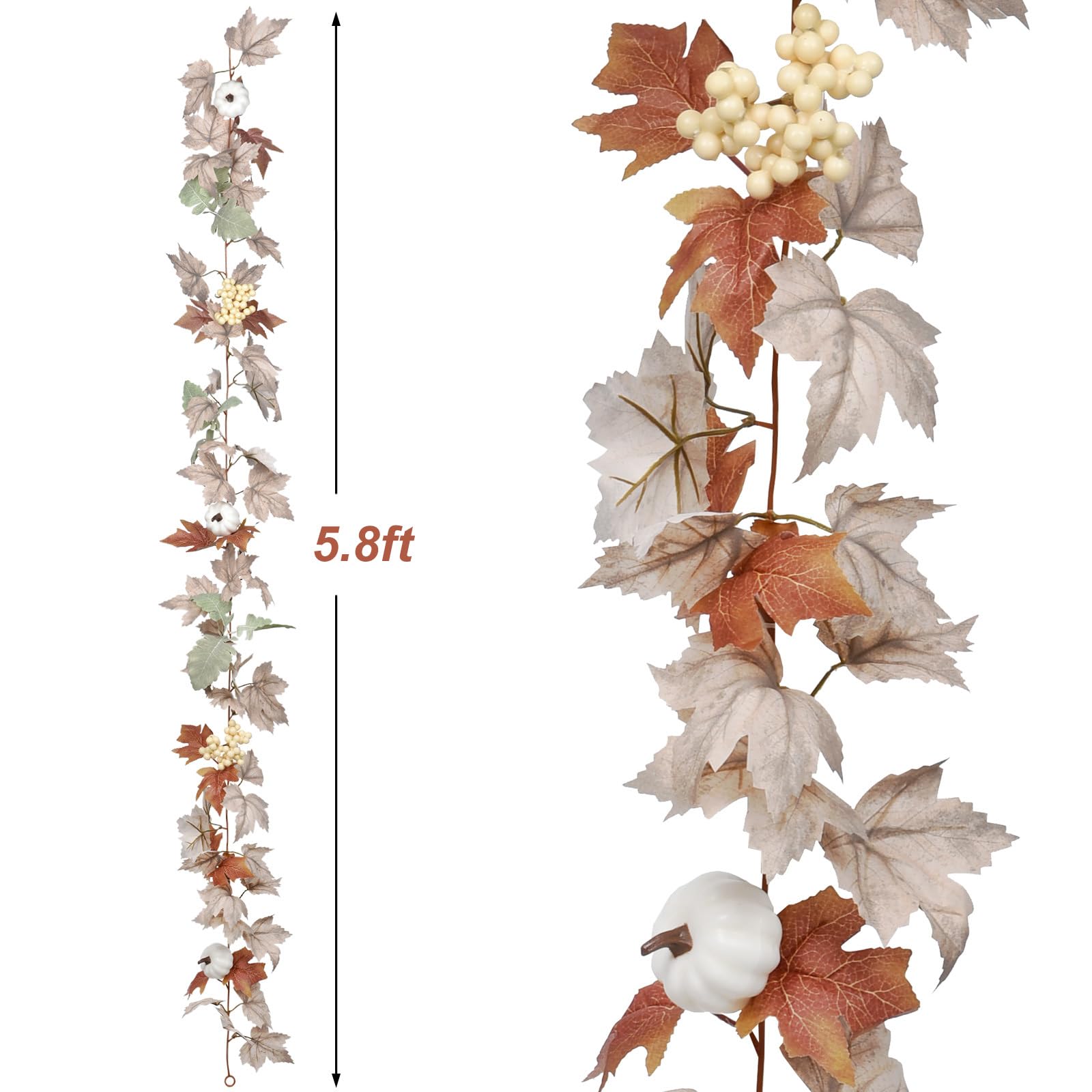 Lvydec Fall Maple Leaves Garland Decoration - 5.8ft Artificial Fall Foliage Garland with White Pumpkins Autumn Decor for Halloween Thanksgiving Home Table Decor (White)
