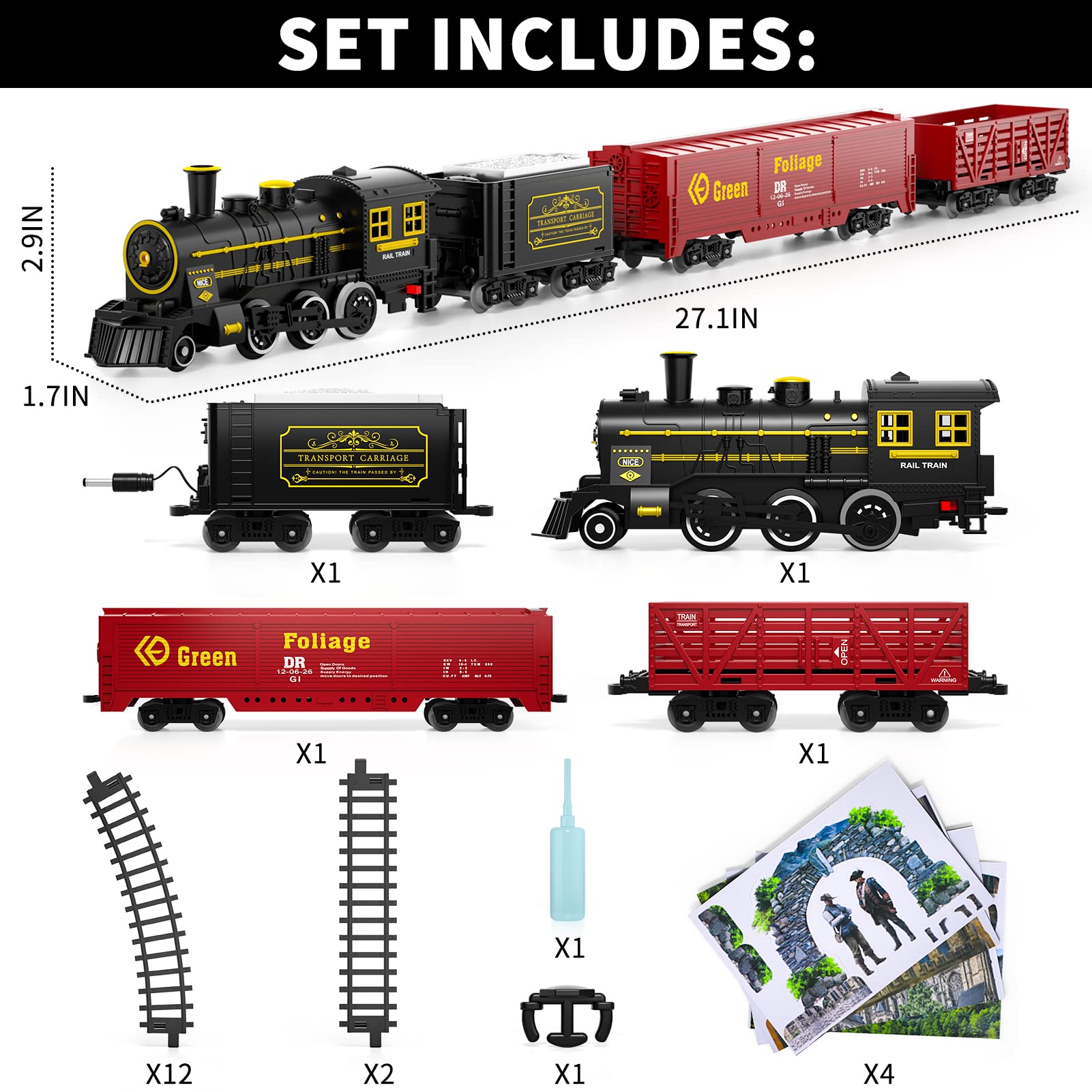 Lucky Doug Christmas Train Set Toys for Kids, Electric Toy Train Set W/Smokes, Light & Sound Include 4 Cars and 14 Tracks, Train Set Toys