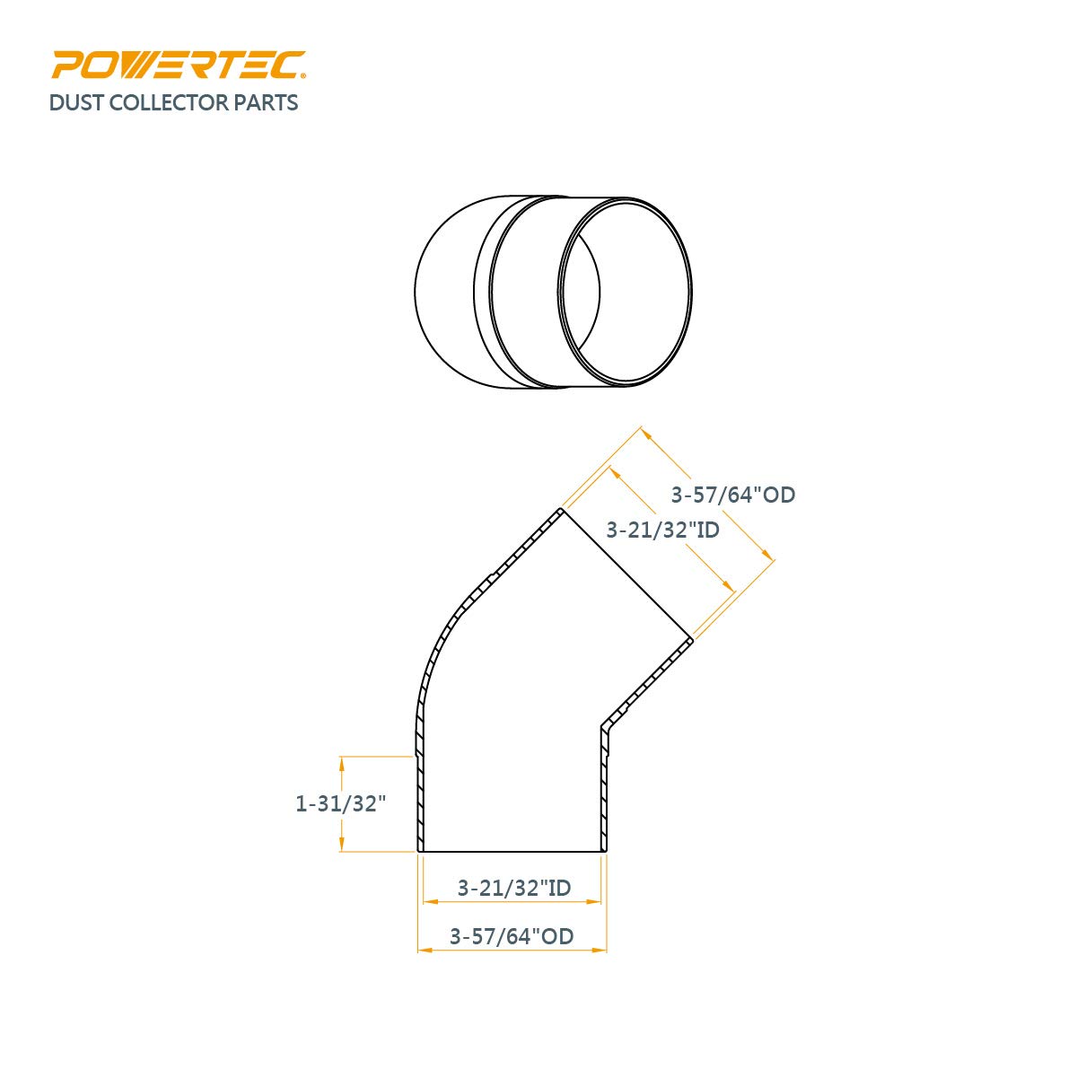 POWERTEC 70183 4” 45 Degree Elbow - ABS Plastic Dust Collector Connector (Black)