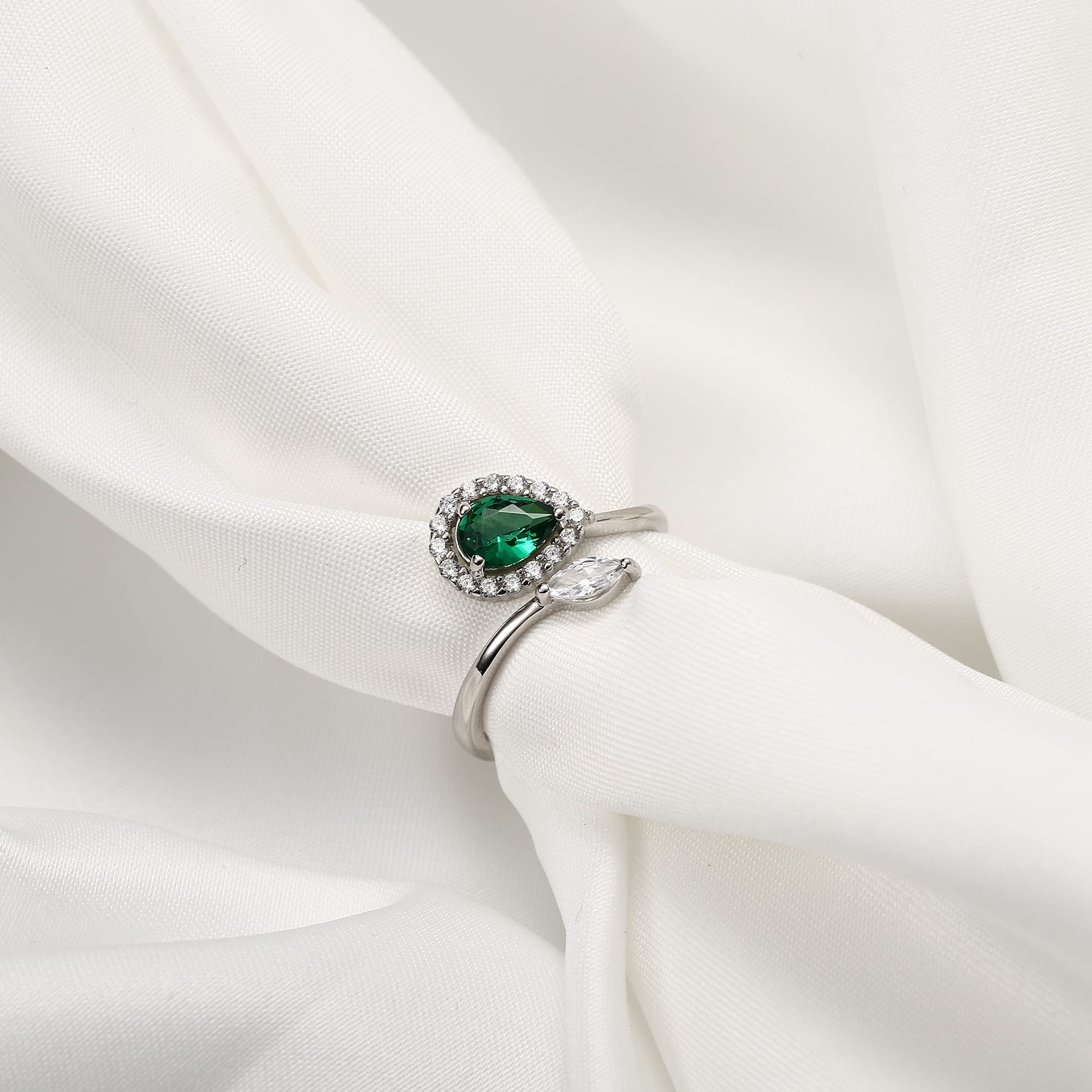 MUSECLOUD 925 Sterling Silver Birthstone Rings for Mothers Teardrop CZ Engagement Rings Adjustable Cubic Zirconia Thumb Open Rings for Women (Silver-May)