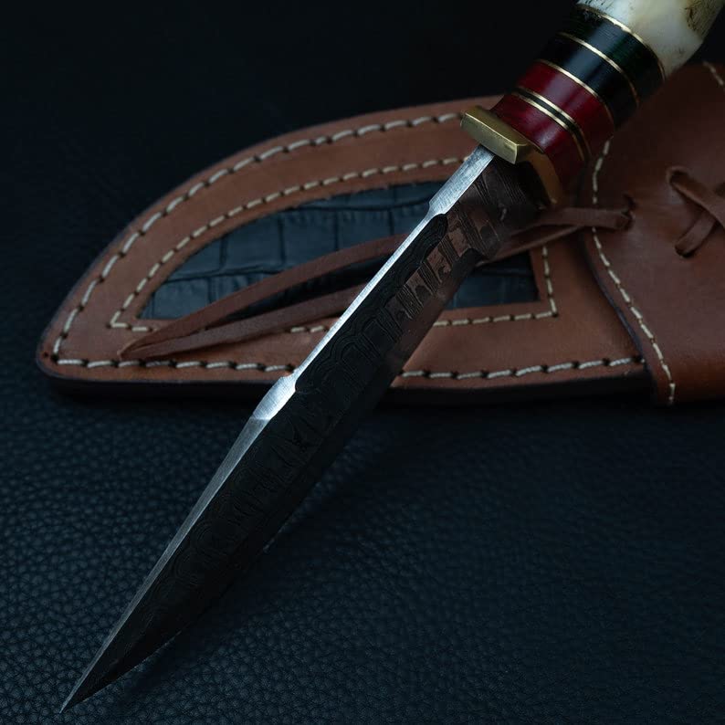 PSK158 - Handmade Damascus Steel Hunting Knife, Stag Horn Handle With Leather Sheath GIFT