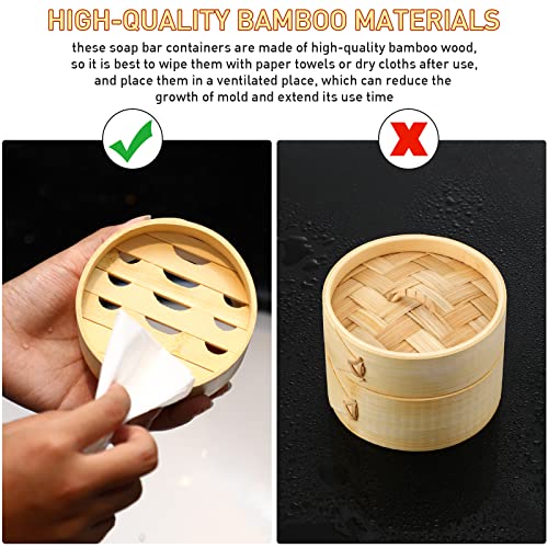 Natural Bamboo Soap Bar Holder with Lid Soap Dish Drain Foaming Net Shampoo Container Soaps Bar Box Wood Soap Tray Soap Saver Handmade Soap Case for Bathroom Shower Kitchen (6 Pcs,3.9 Inch)